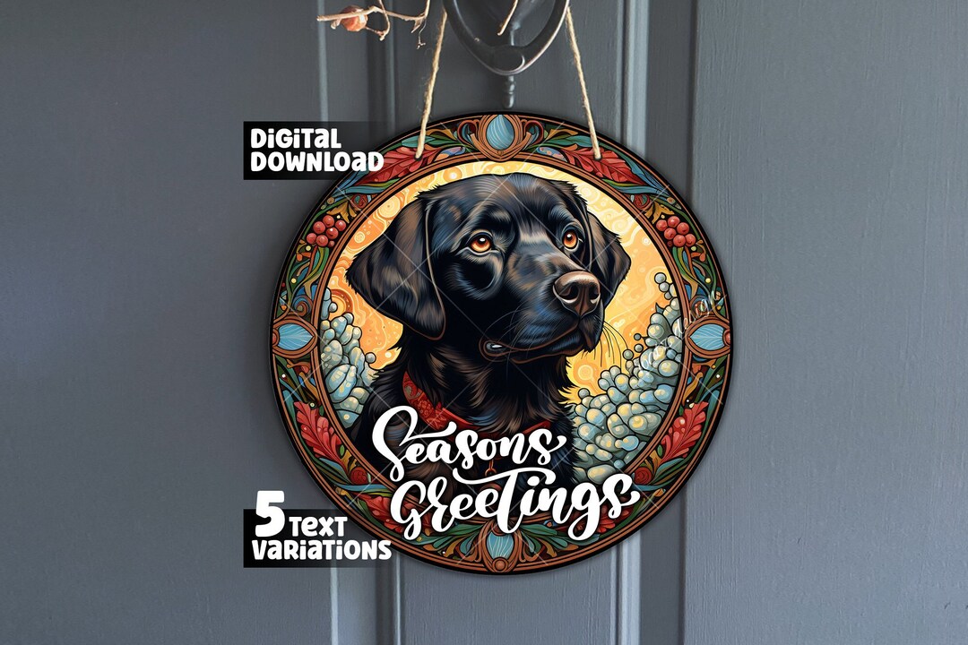Christmas Faux Stained Glass Black Lab Sign, Round Lab Sign for Wreaths ...
