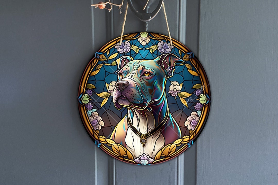 Faux Stained Glass Pitbull Sign, Round Vintage American Pitbull ...
