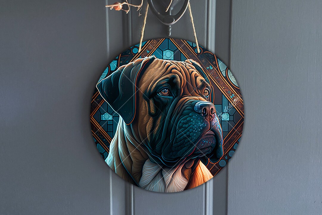 Faux Stained Glass Bull Mastiff Sign, Round Vintage Gentle Giant Sign ...