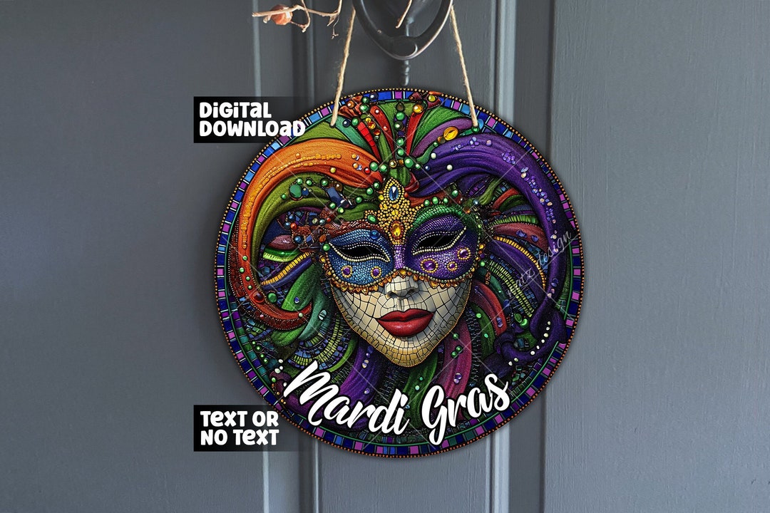 Mardi Gras Jester Mask Faux Stained Glass Sign, Ornate Carnival Wreath ...