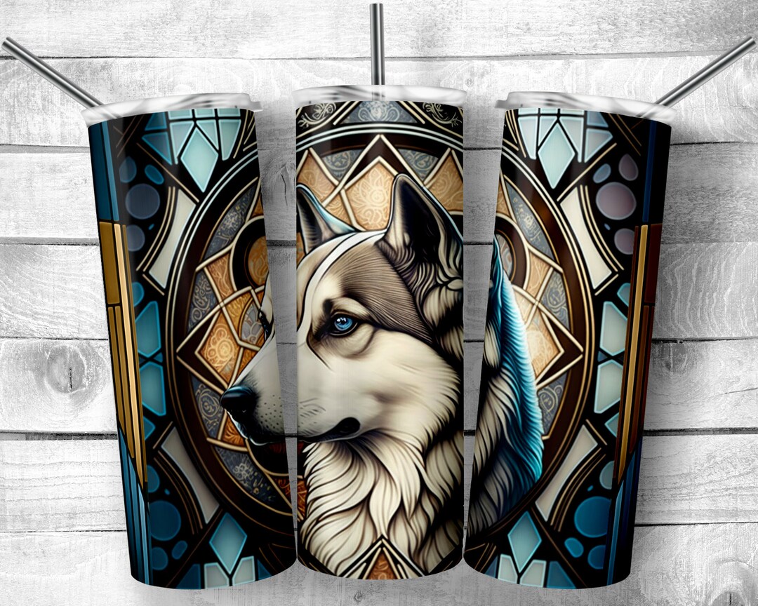 Husky Stained Glass 20oz Skinny Tumbler Design, Eskimo Dog Ornate Stain ...