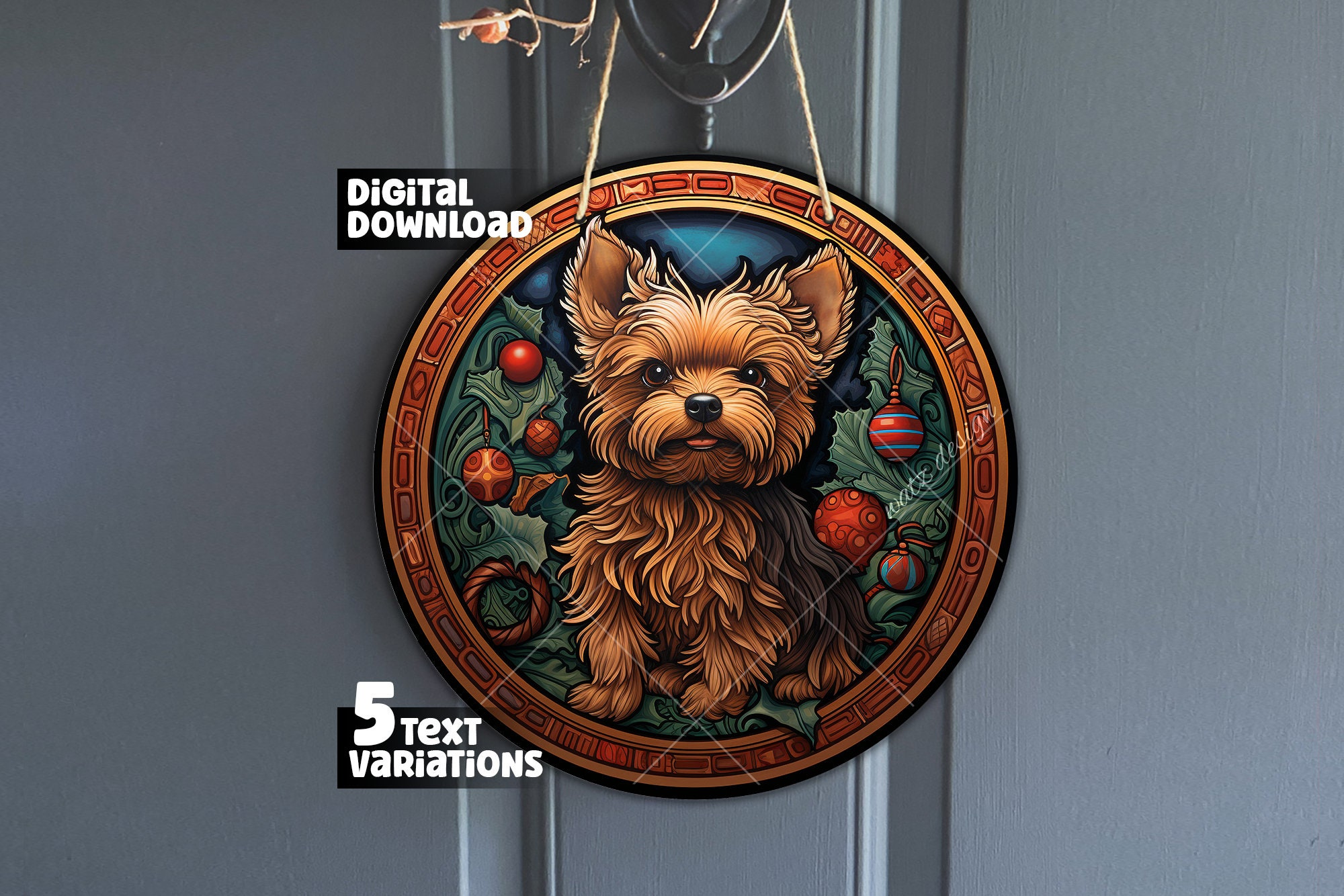 Christmas Faux Stained Glass Yorkie Sign, Yorkshire Terrier Sign for ...