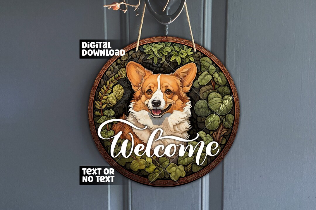 Faux Stained Glass Corgi Wecome Sign, Round Cute Corgi Sign for Wreaths ...