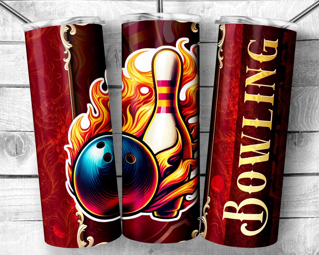 Flaming Bowling Ball Hitting Bowling Pins 20 Oz Skinny Tumbler ...