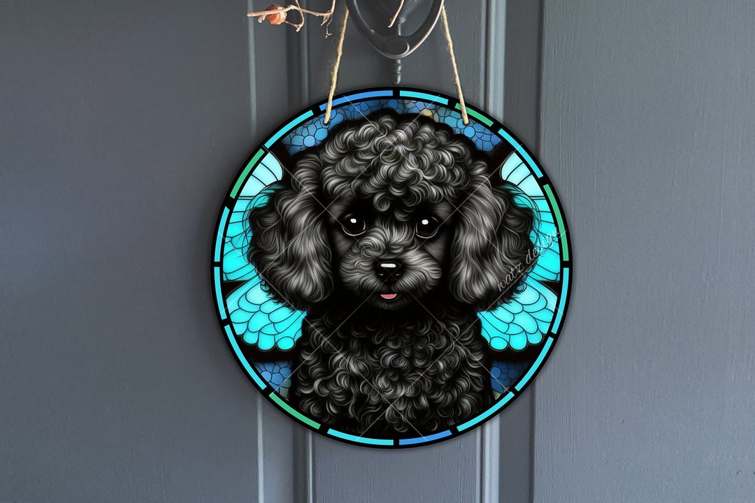 Faux Stained Glass Black Toy Poodle Sign, Round Teacup Poodle Wreath ...