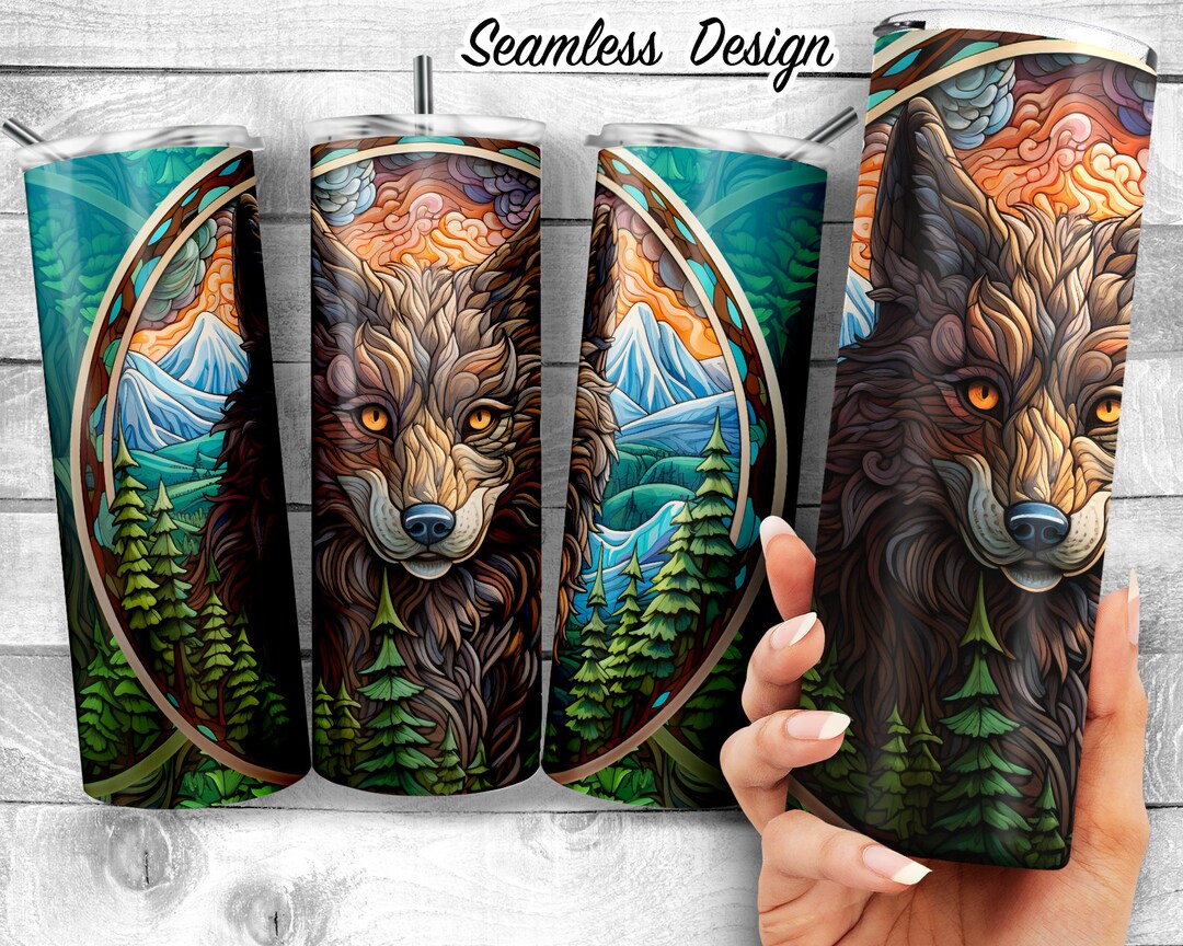 Wolf Stained Glass 20oz Skinny Tumbler Design, Timberwolf Stain Glass, Mountain Wolf Lover Gift ...
