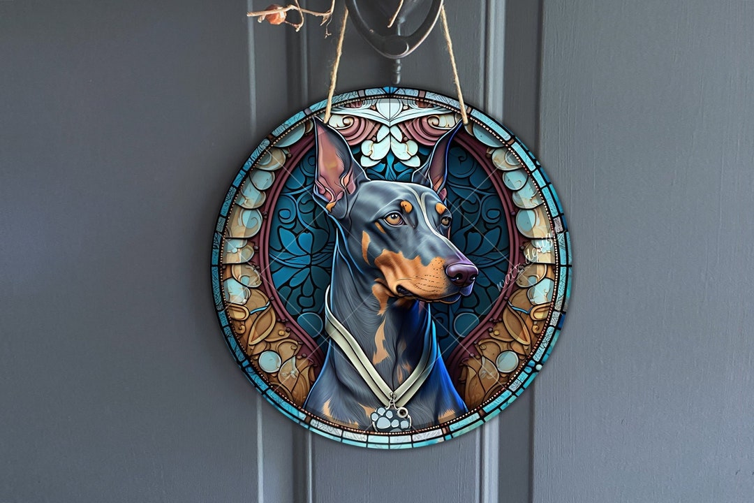 Faux Stained Glass Dobermann Pinscher Sign, Round Vintage Dobie Sign ...