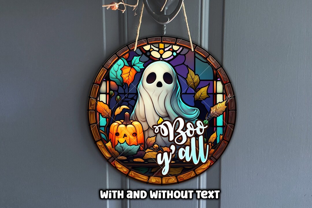 Boo Y'all Ghost Character With Pumpkins Faux Stained Glass Door Hanger ...