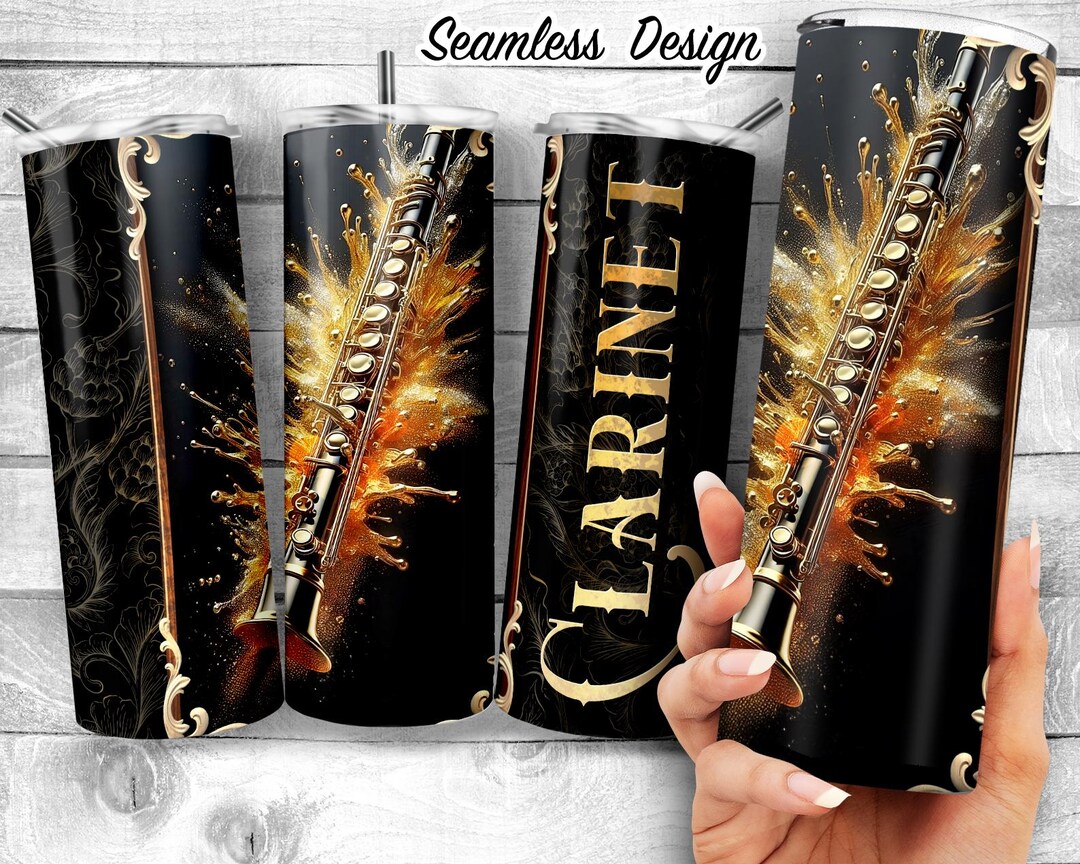 Black, Gold, and Silver Clarinet 20oz Skinny Tumbler Sublimation Design ...