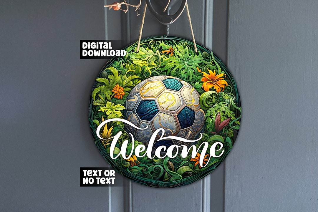Faux Stained Glass Soccer Sign, Soccer Ball With Green Plants Door ...