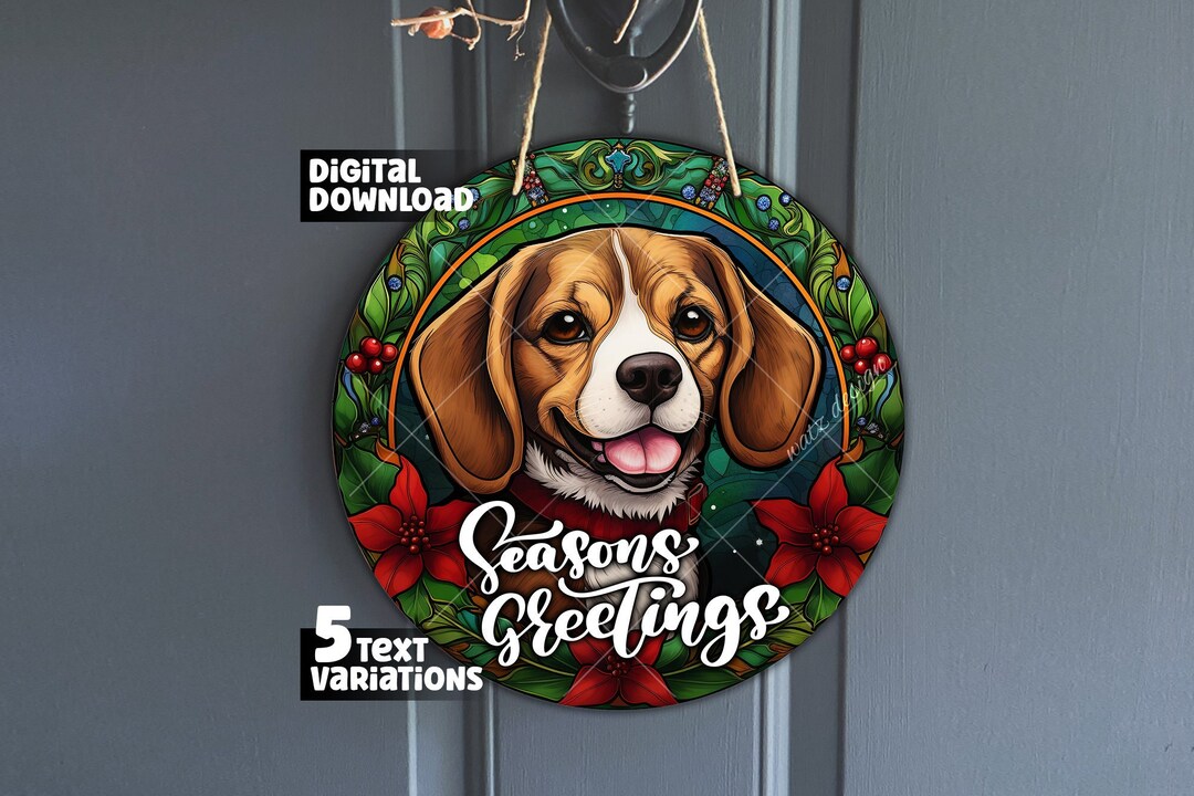 Christmas Faux Stained Glass Beagle Sign, Round Beagle Hound Sign for ...