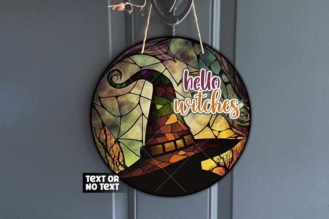 Hello Witches Stained Glass Door Hanger | Gothic Witches Hat Sign for ...