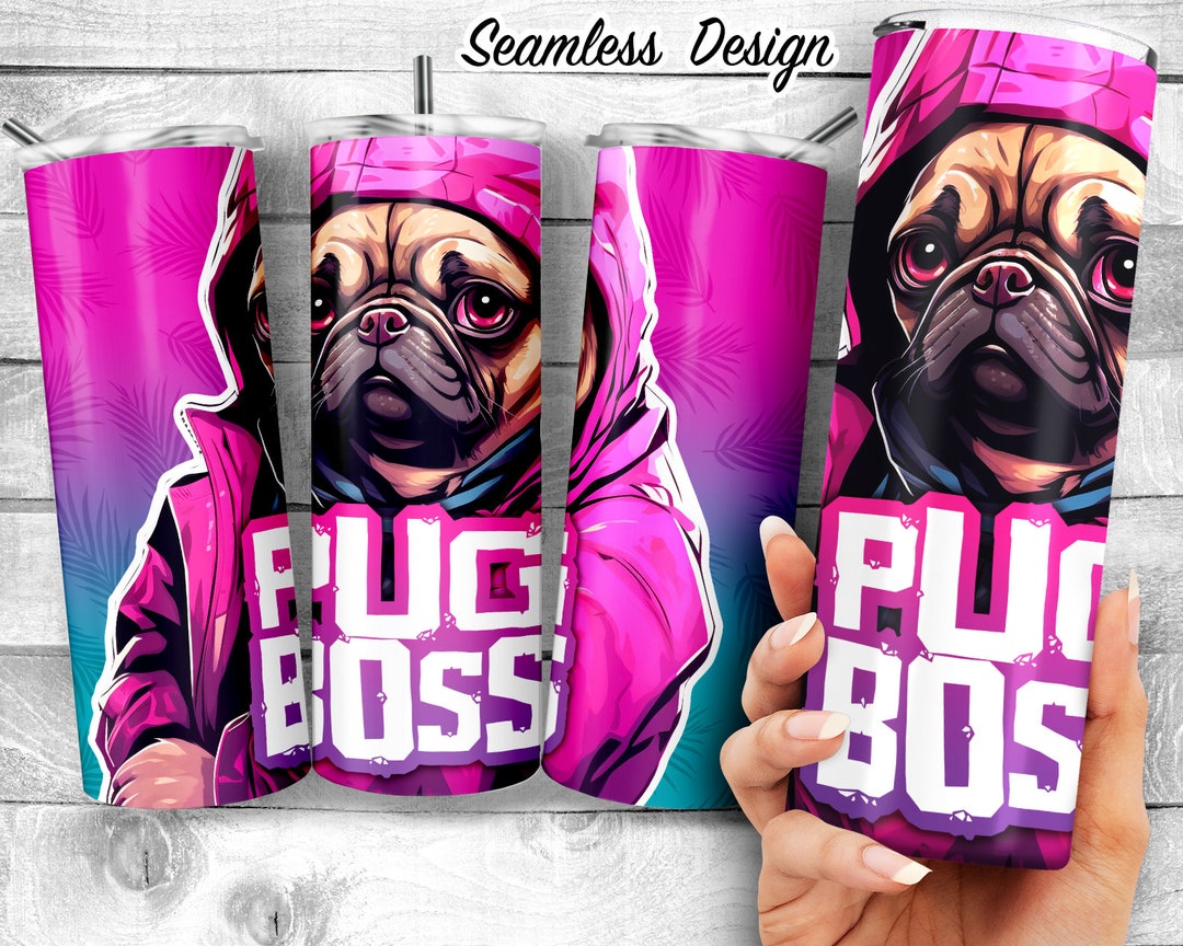 Pug Boss 20oz Skinny Tumbler Design, Retrowave Thug Pug Tumbler Wrap ...