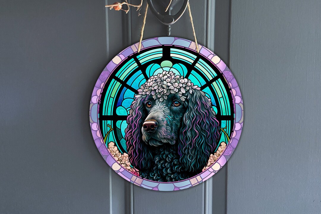 Faux Stained Glass Black Standard Poodle Sign, Round Vintage Standard ...