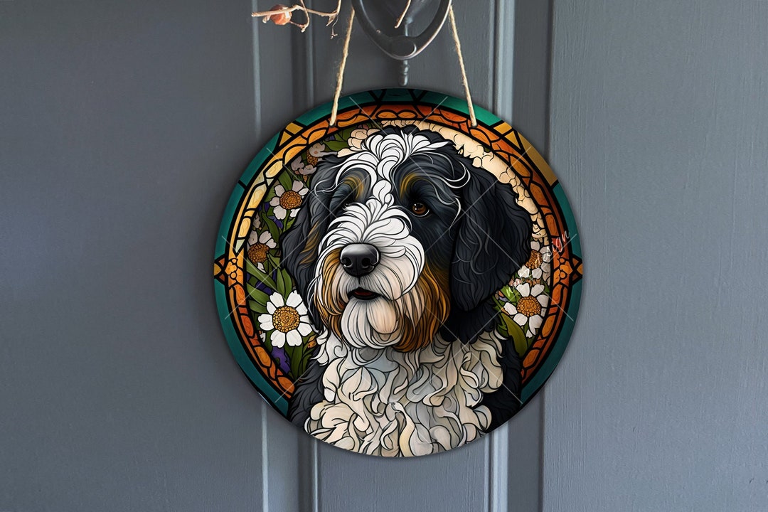 Faux Stained Glass Bernedoodle Sign, Round Bernese Poodle Sign for ...