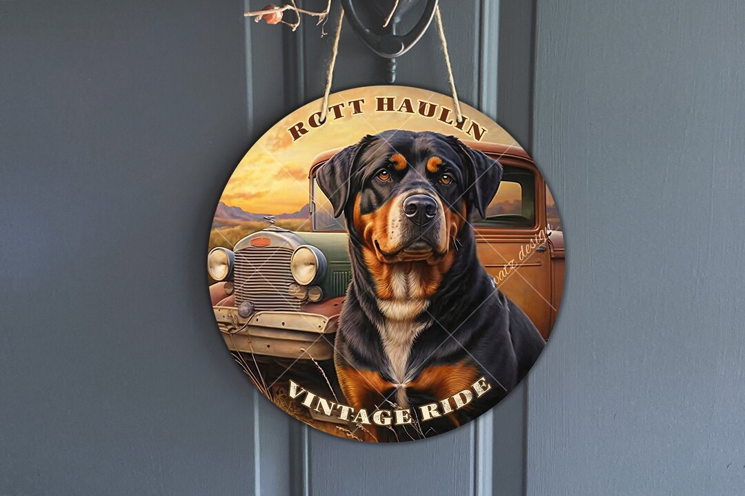 Rottweiler and Vintage Pickup Truck Wreath Center, Rottie in Front of ...