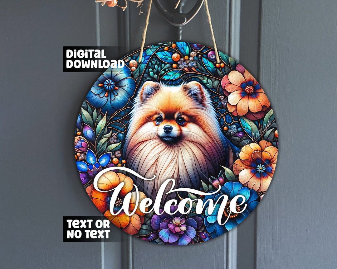 Faux Stained Glass Pomeranian Sign, Round Vintage Pom Pom Sign for ...