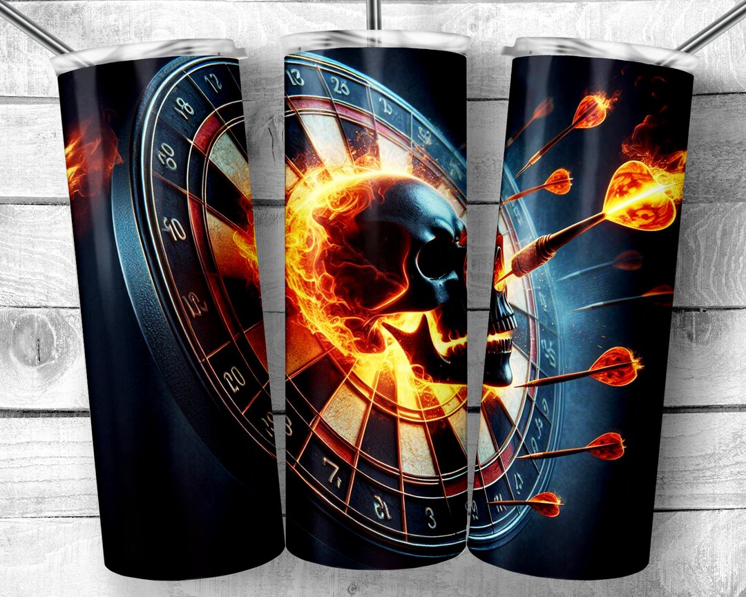 Flaming Dart Hitting Bullseye Skull Dartboard 20oz Skinny Tumbler ...