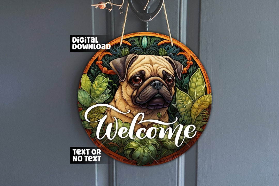 Faux Stained Glass Pug Sign, Round Pug in Vegitation Sign for Wreaths ...