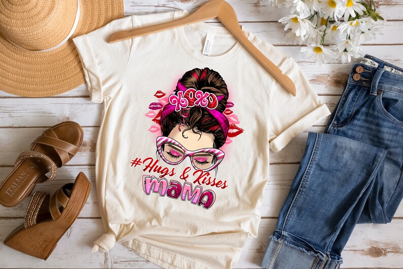 Hugs and Kisses Mama Messy Bun Png Sublimation Design, Valentines Mom ...