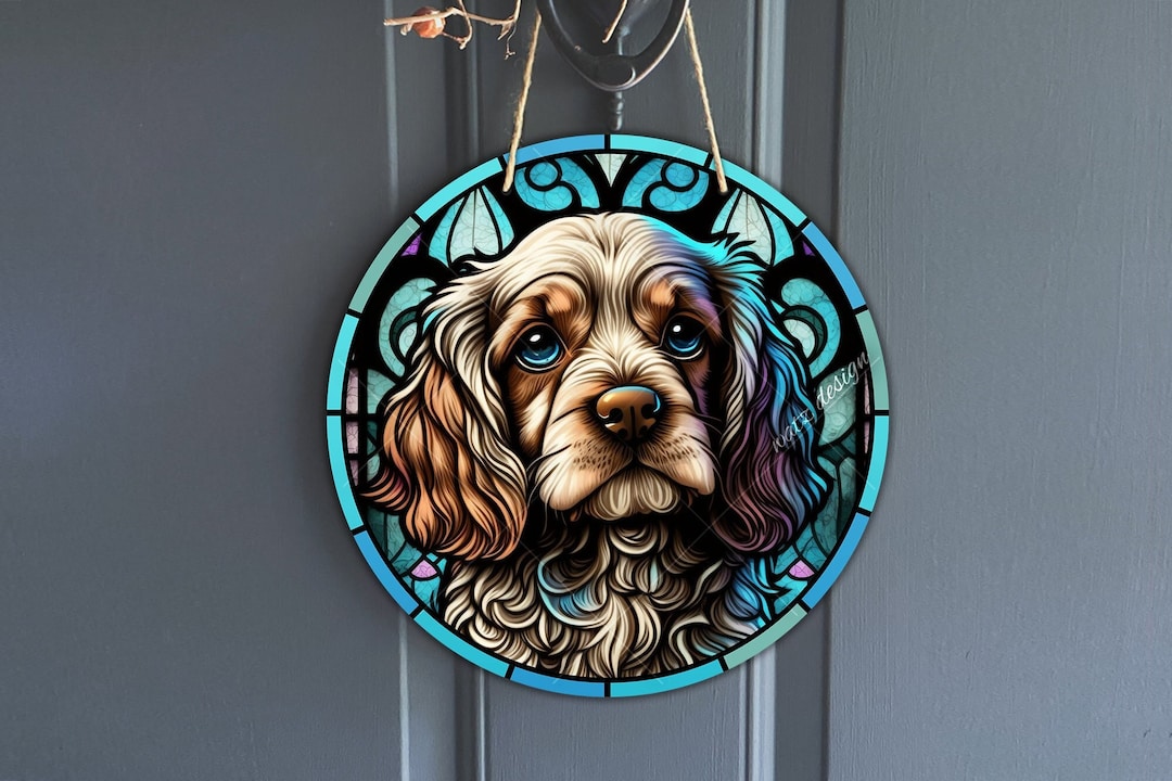 Faux Stained Glass Cartoon Cocker Spaniel Sign, Round Chibi Sprocker ...