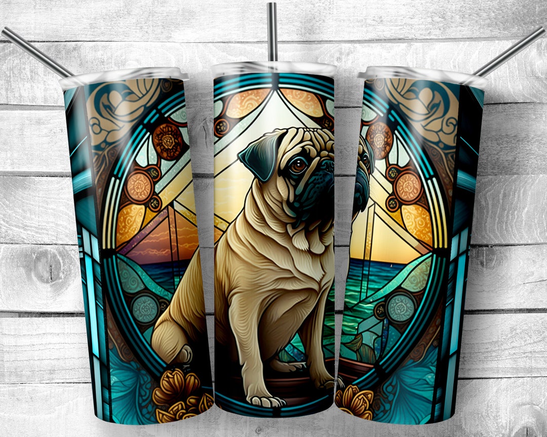 Pug Stained Glass 20oz Skinny Tumbler Design, Pug Dog Ornate Stain ...