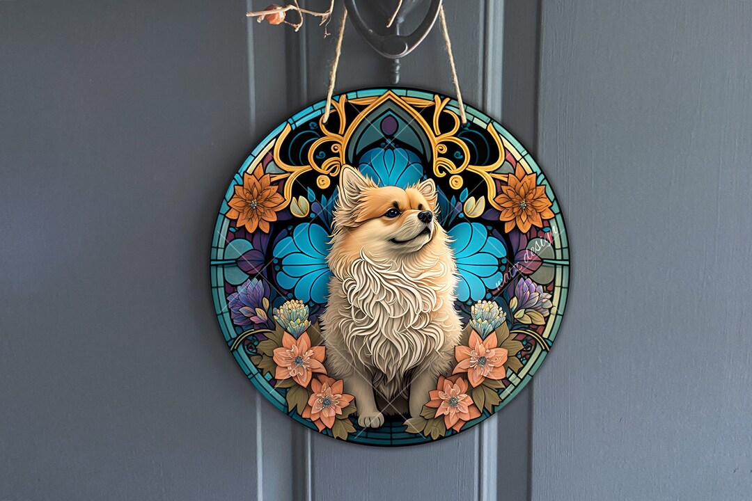 Faux Stained Glass Pomeranian Sign, Round Vintage Pom Pom Sign for ...