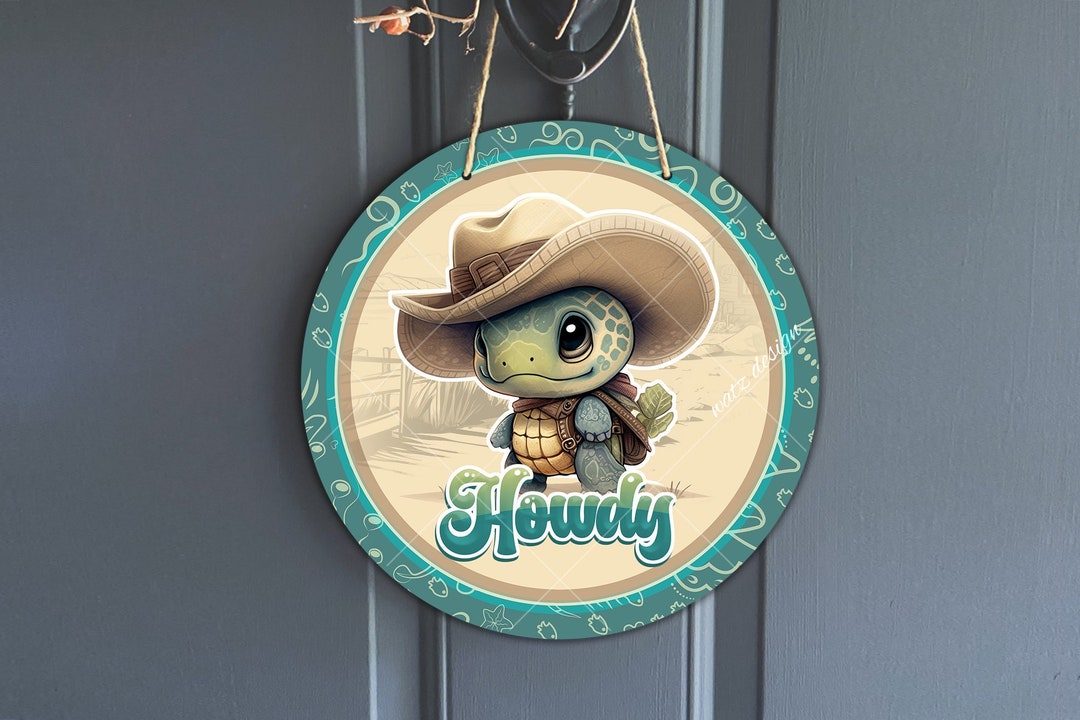 Funny Big Eyed Turtle Wearing Cowboy Hat Door Hanger Design, Western ...