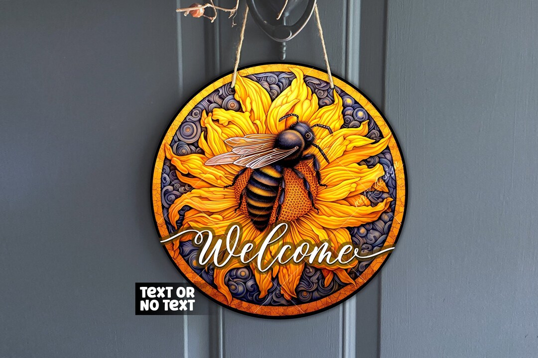 Faux Stained Glass Bee Sign, Round Bumble Bee Sign for Wreaths, Bee ...
