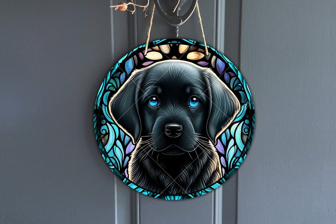 Round Faux Stained Glass Black Labrador Retriever Sign - Cute Cartoon ...