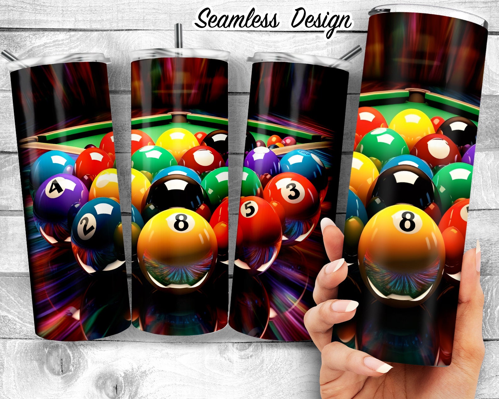 Colorful Billiards Balls 20 Oz Skinny Tumbler Sublimation Design, Pool ...