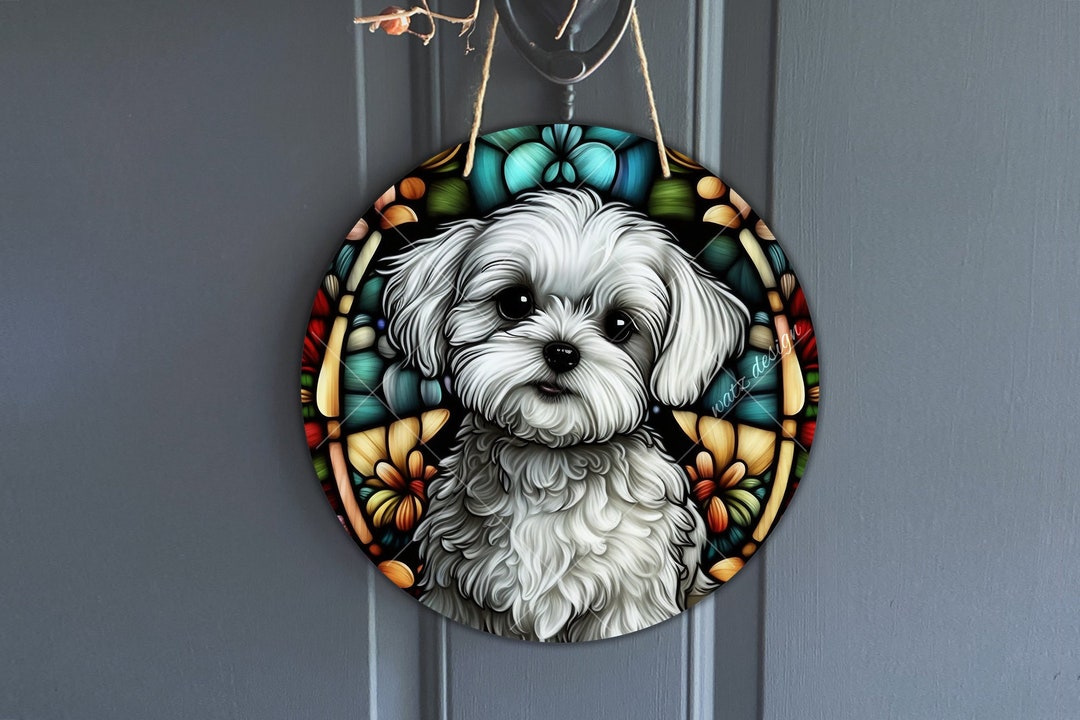 Chibi Maltese Faux Stained Glass Sign, Round Cartoon Bichon Maltese ...