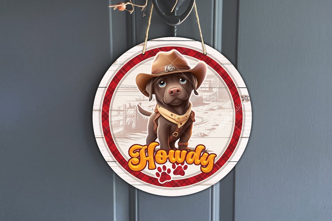Cartoon Chocolate Lab Wearing Cowboy Hat Howdy Sign, Round Cute Brown ...