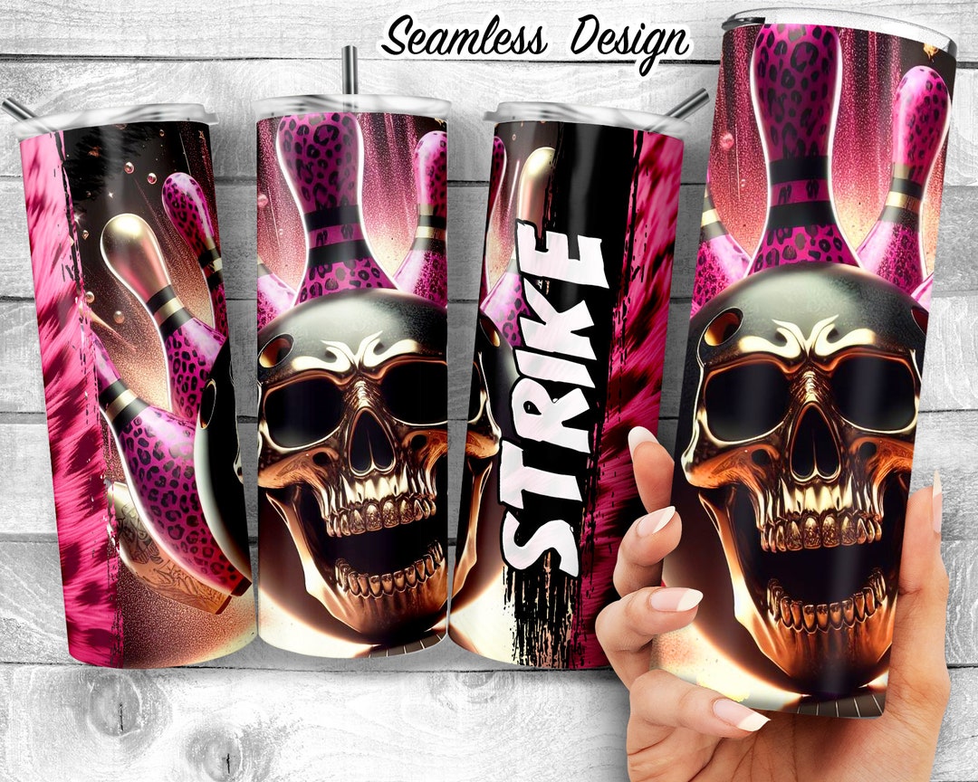 Leopard Print Skull Bowling Ball Hitting Bowling Pins 20 Oz Skinny ...