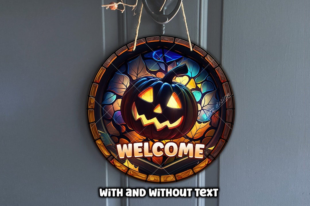 Halloween Jack-o'-lantern Faux Stained Glass Door Hanger | Smiling ...