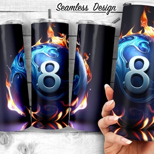 Flaming Pool Ball 20 Oz Skinny Tumbler Sublimation Design, Blue 8 Ball ...