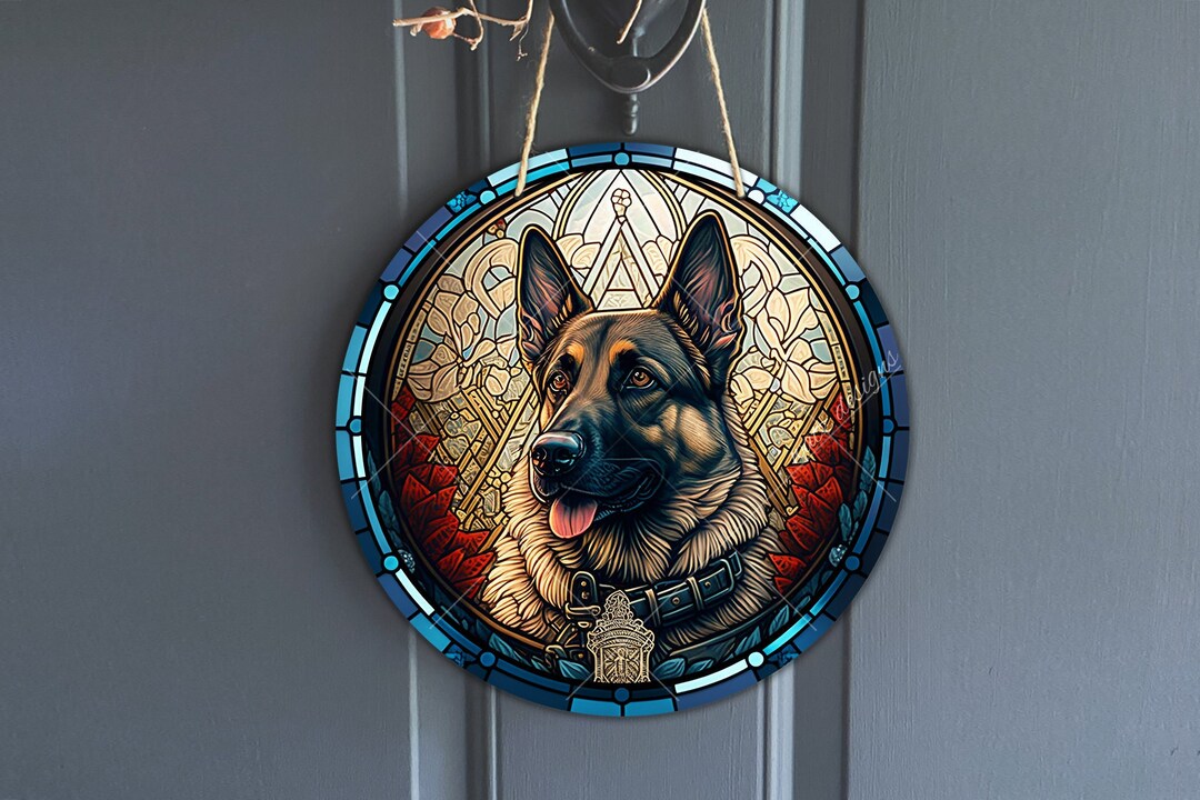 Faux Stained Glass German Shepard Sign, Round Vintage Police Dog Sign ...