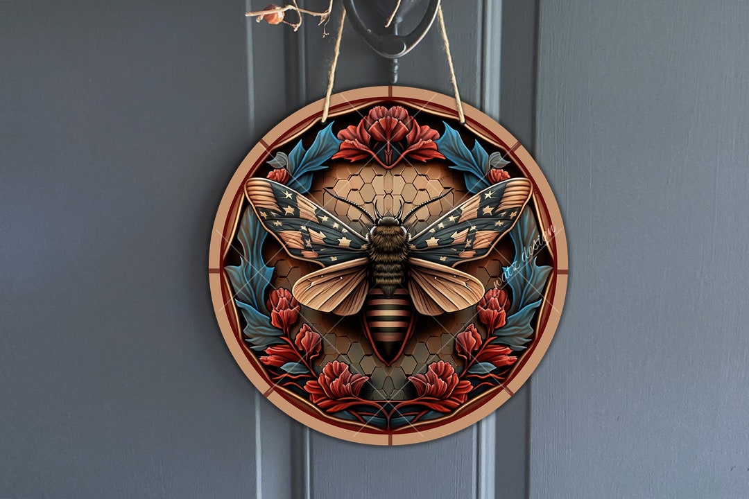 Faux Stained Glass Patriotic Moth Round Sign for Wreaths, American Flag ...