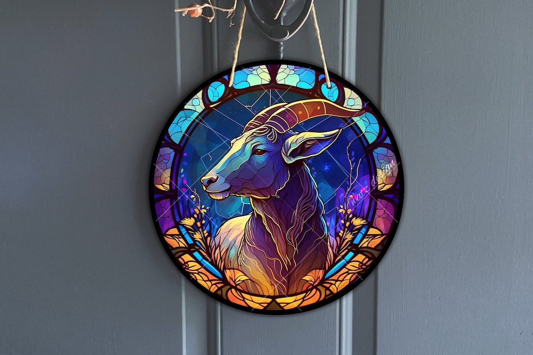 Faux Stained Glass Capricorn Goat Symbol Sign, Round Vivid Goat Wreath ...