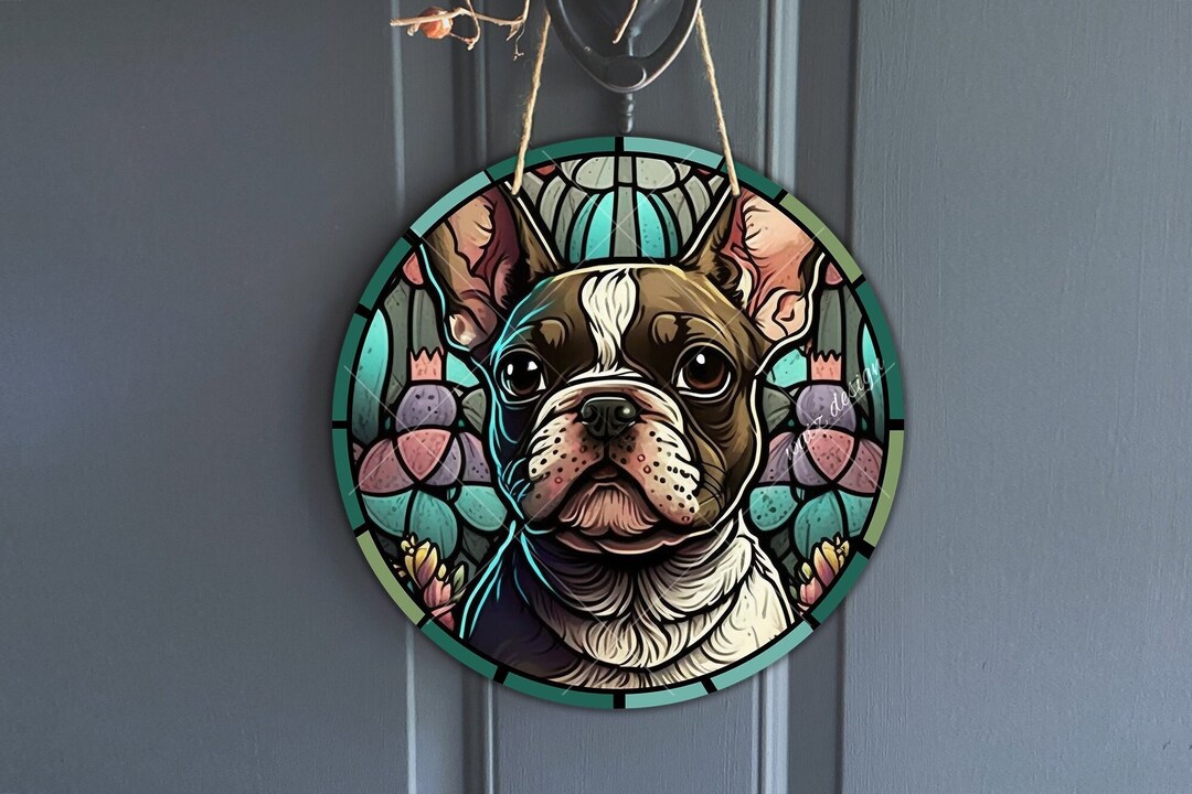 Round Faux Stained Glass Cartoon French Bulldog Sign - Cute Frenchie ...