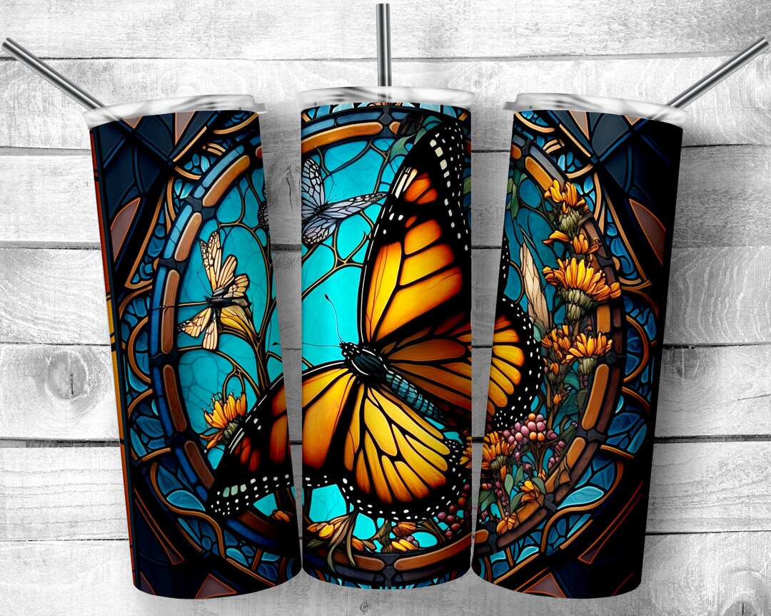 Monarch Butterfly Faux Stained Glass 20oz Skinny Tumbler Design ...