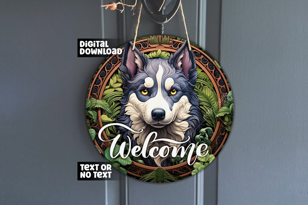 Faux Stained Glass Husky Sign, Round Fauna and Flora Snow Dog Sign for ...