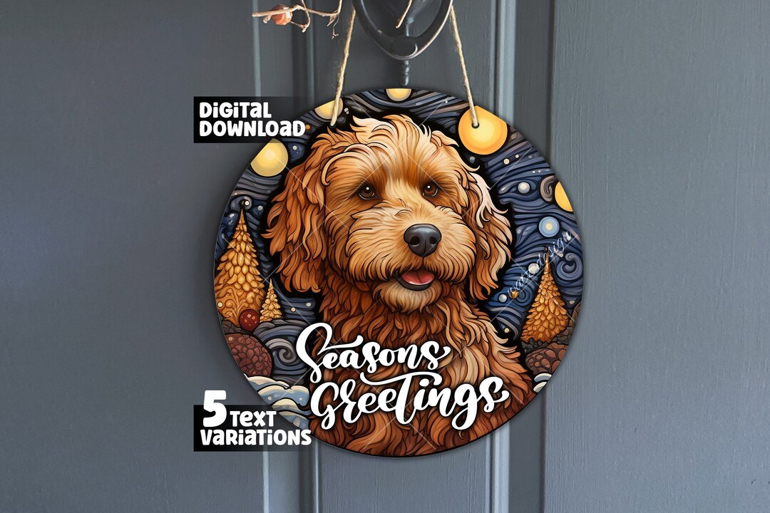Christmas Faux Stained Glass Golden Doodle Sign, Round Groodle Sign for ...