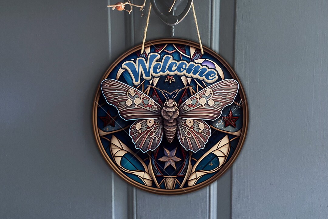 Faux Stained Glass Moth Round Sign for Wreaths, Butterfly Moth ...