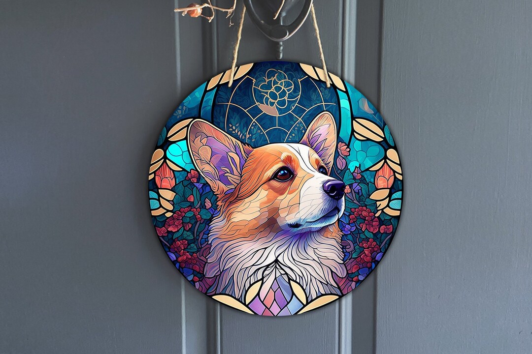 Faux Stained Glass Corgi Sign, Round Vintage Corgi Sign for Wreaths ...