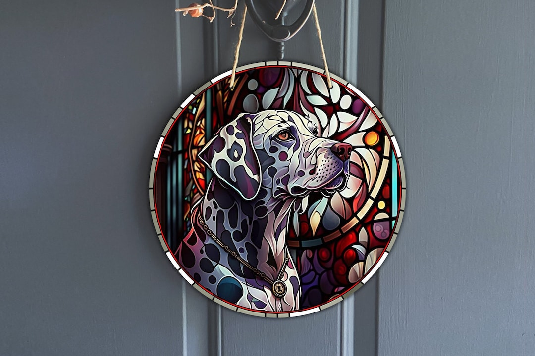 Dalmatian Faux Stained Glass Sign, Round Vintage Polka Dot Dog Sign for ...