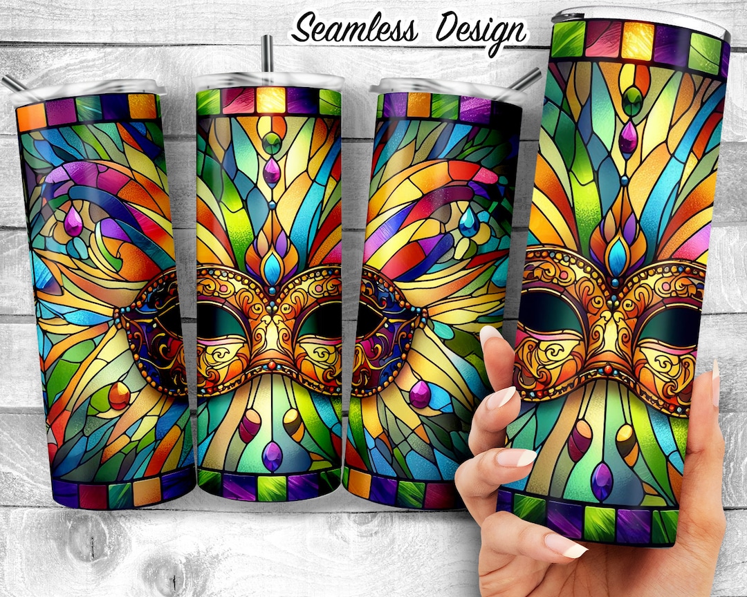 Mardi Gras Stained Glass Mask 20oz Skinny Tumbler Design, Colorful Mask ...