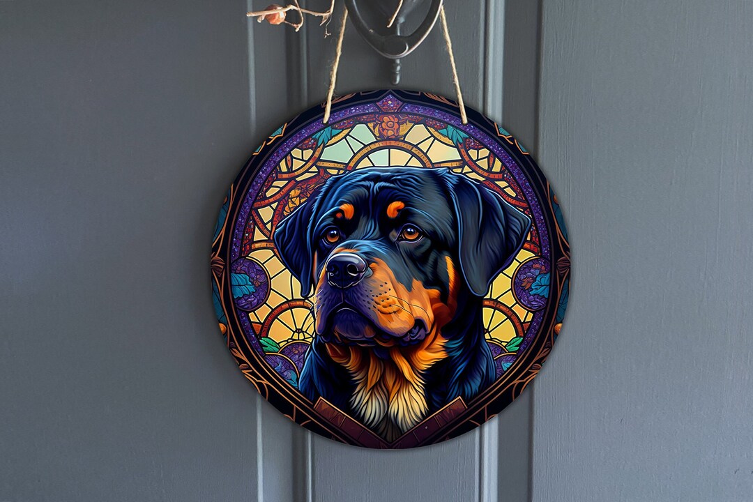 Faux Stained Glass Rottweiler Sign, Round Vintage Rottie Decor for ...