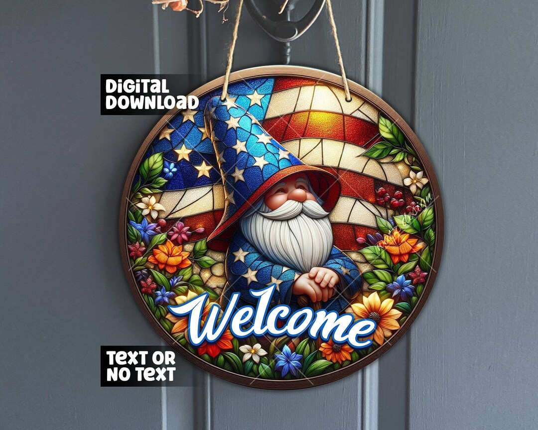 Faux Stained Glass Independence Day Gnome Round Sign - Gnome American ...
