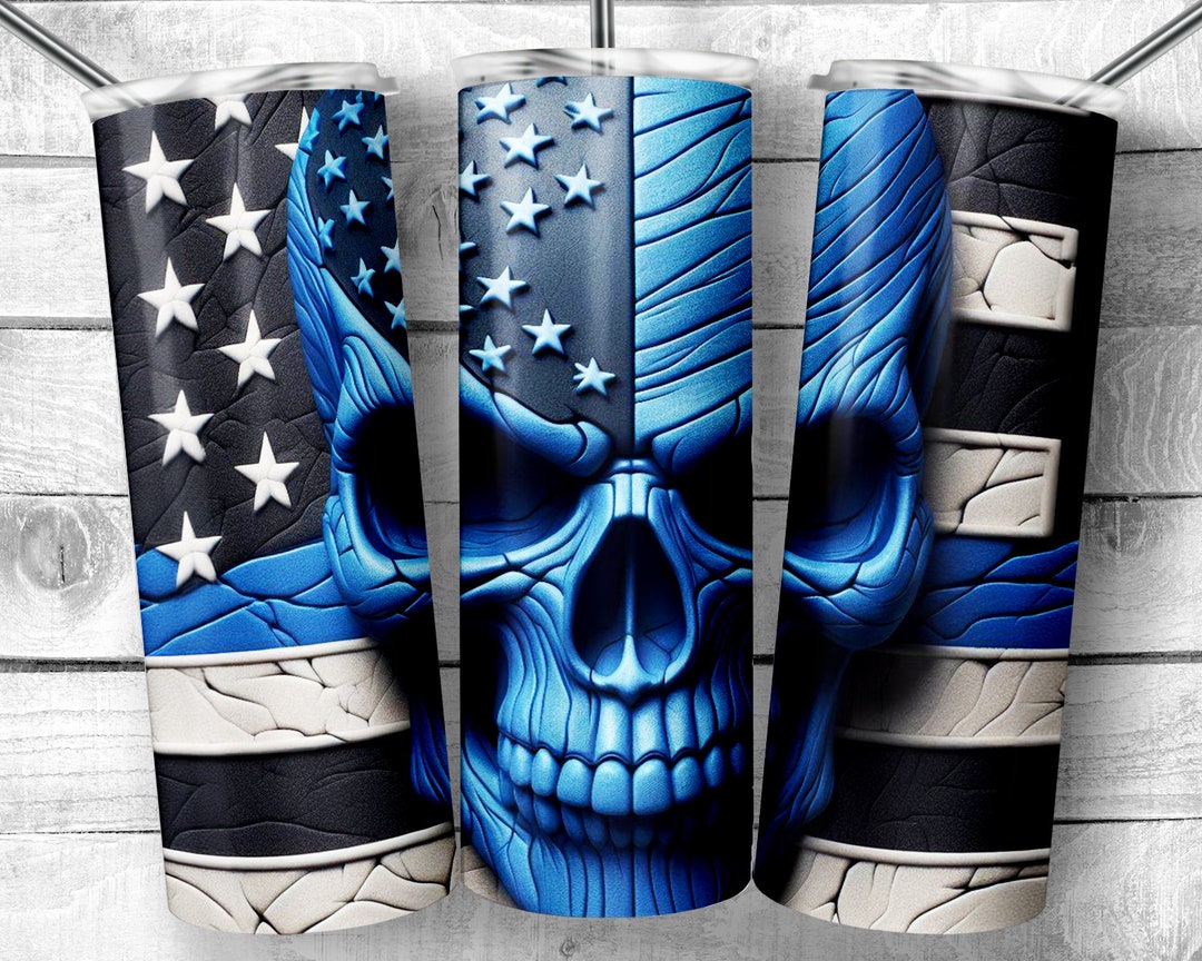 Thin Blue Line Patriotic Skull 20oz Skinny Tumbler Design | 3D Police ...